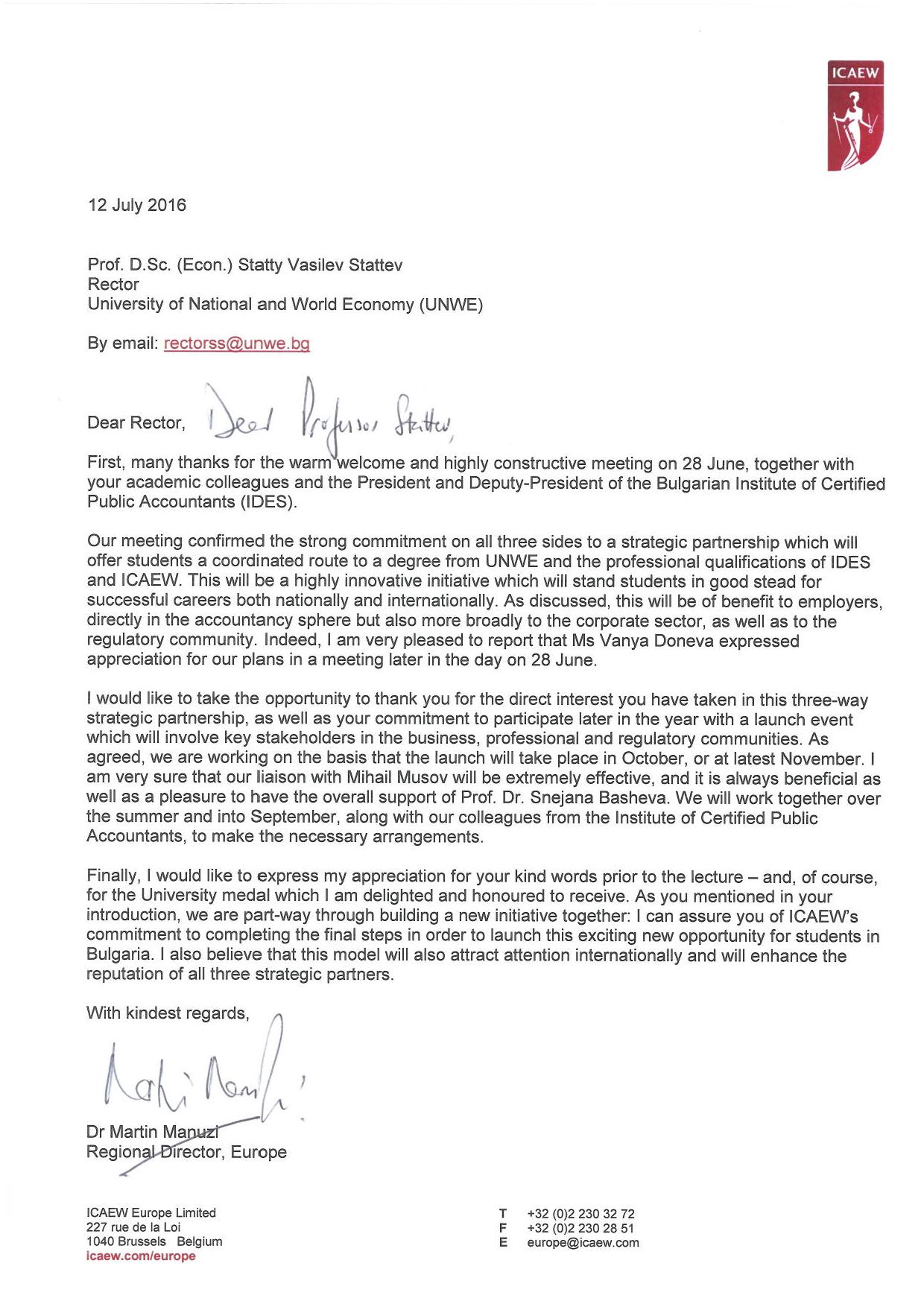 UNWE :: The Rector Received A Letter of Appreciation by The ICAEW and Assurance of Co-Operation